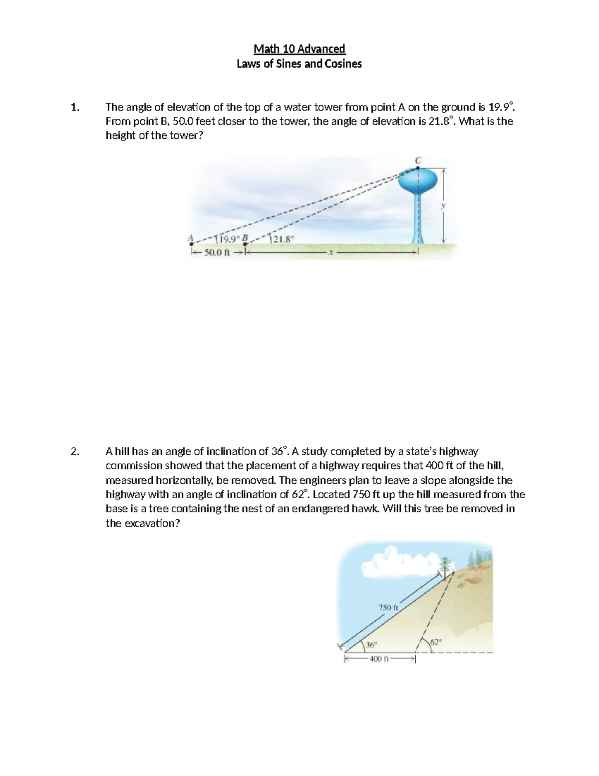 Math 10 Advanced: Application of Laws of Sines and Cosines in Problems ...
