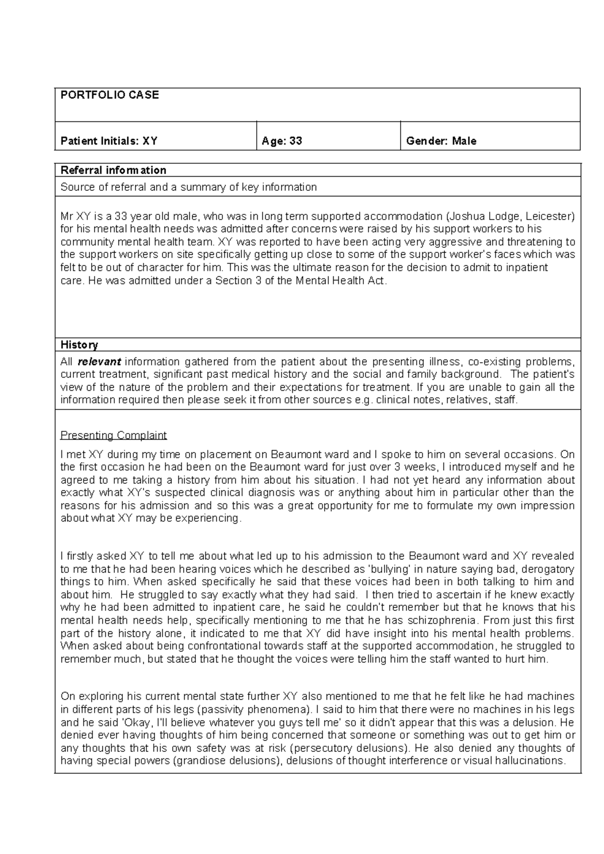 Psychiatric Case Study: Schizophrenia Insights (PSYCH-XXX) - Studocu