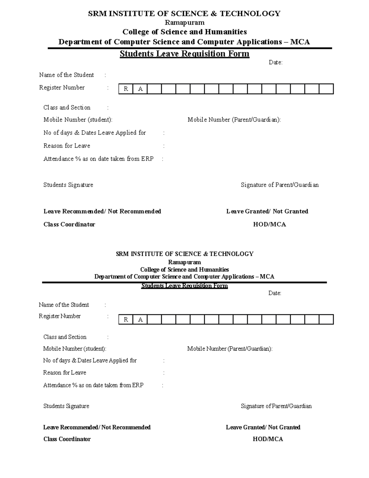 MCA Students Leave Requisition Form - Final Submission - Studocu