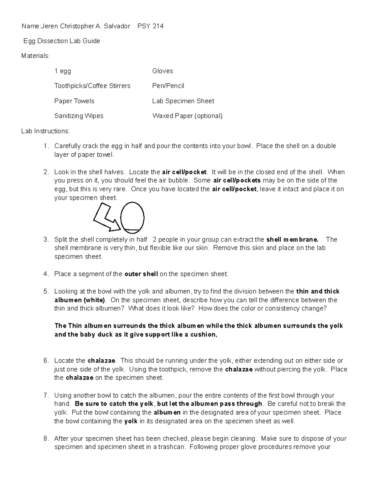 PSY 214 Lab Activity: Duck Egg Dissection Guide for Class Aves - Studocu