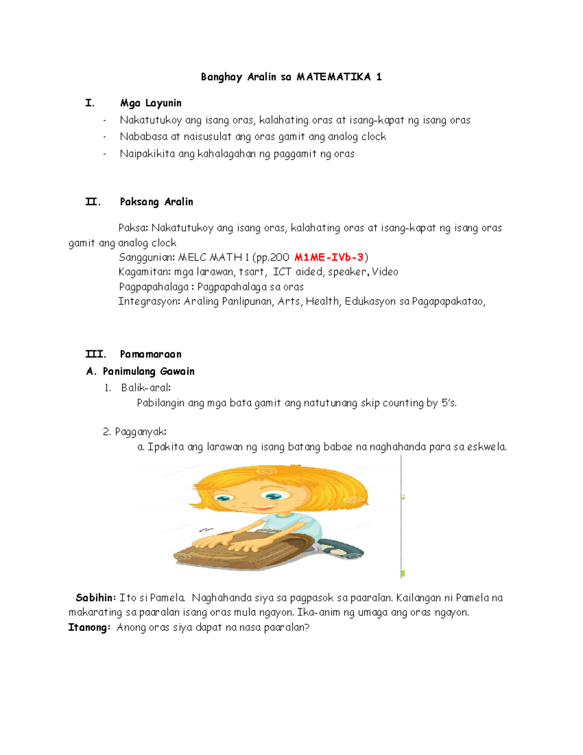 LP MATH - Lesson Plan for Telling Time Using an Analog Clock - Studocu