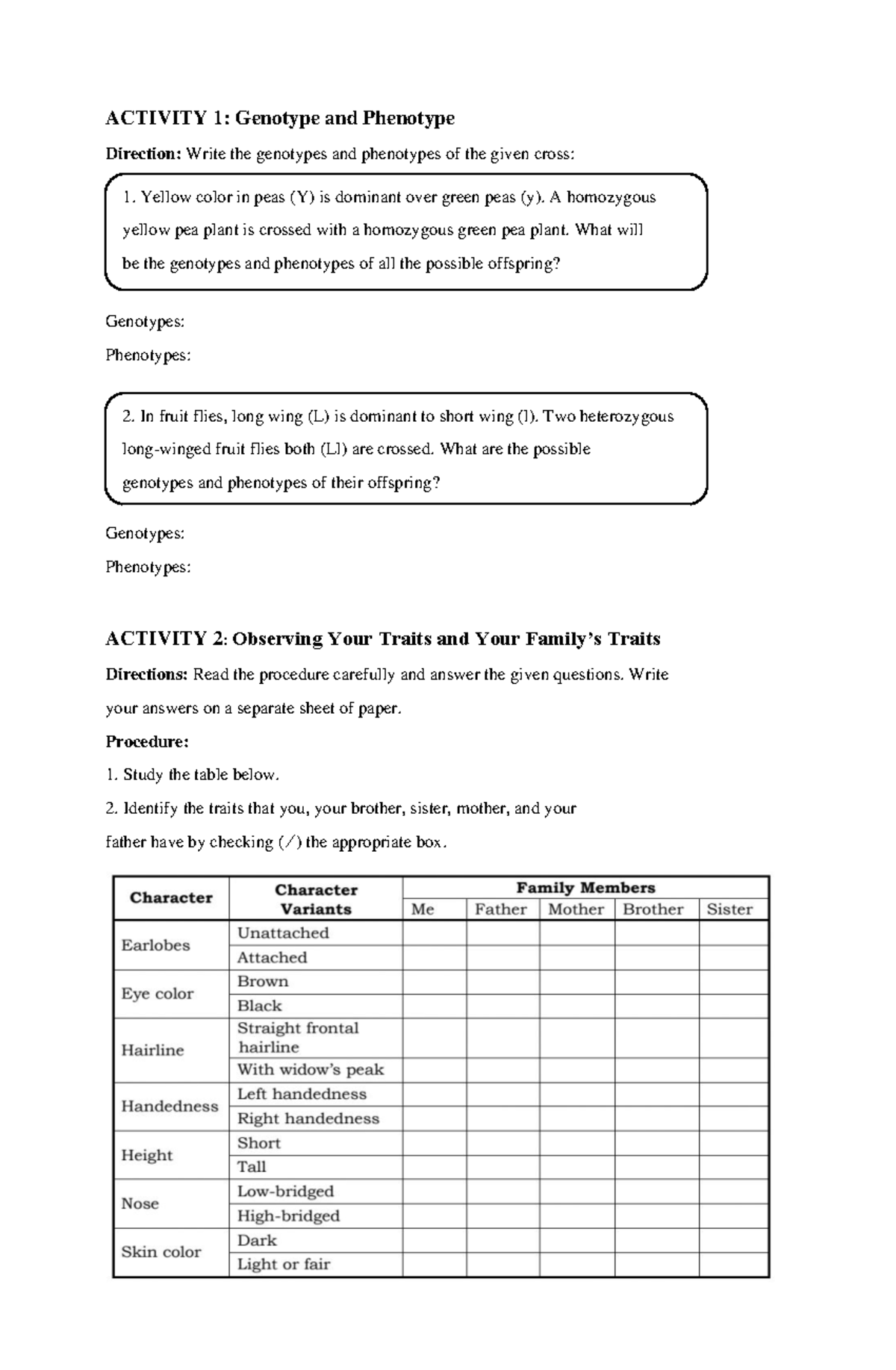 Genetics(worksheet) - monohybrid - ACTIVITY 1: Genotype and Phenotype ...