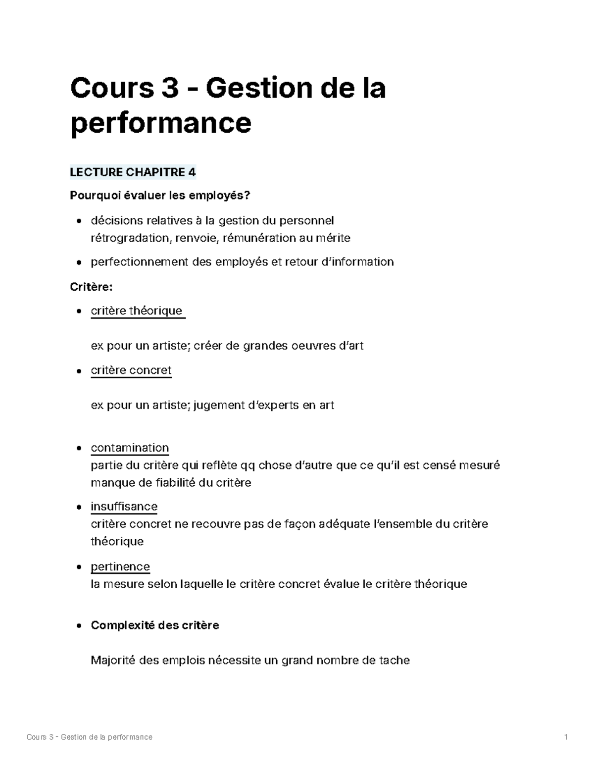 Cours 3 Gestion de la performance - Évaluation des employés et critères ...