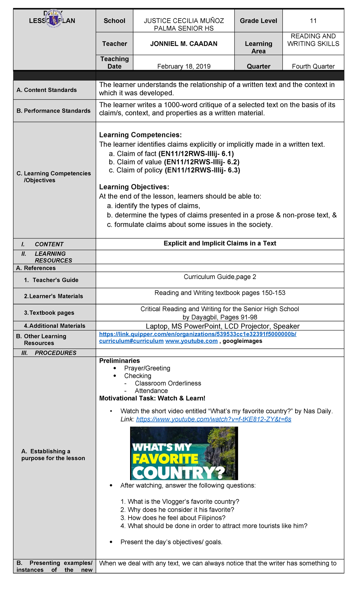 EN11/12RWS-IIIij Lesson Plan: Understanding Types of Claims - Studocu