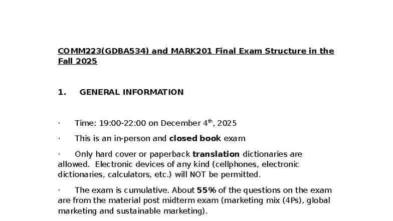 COMM223(GDBA534) & MARK201 Final Exam Structure - Fall 2025 - Studocu