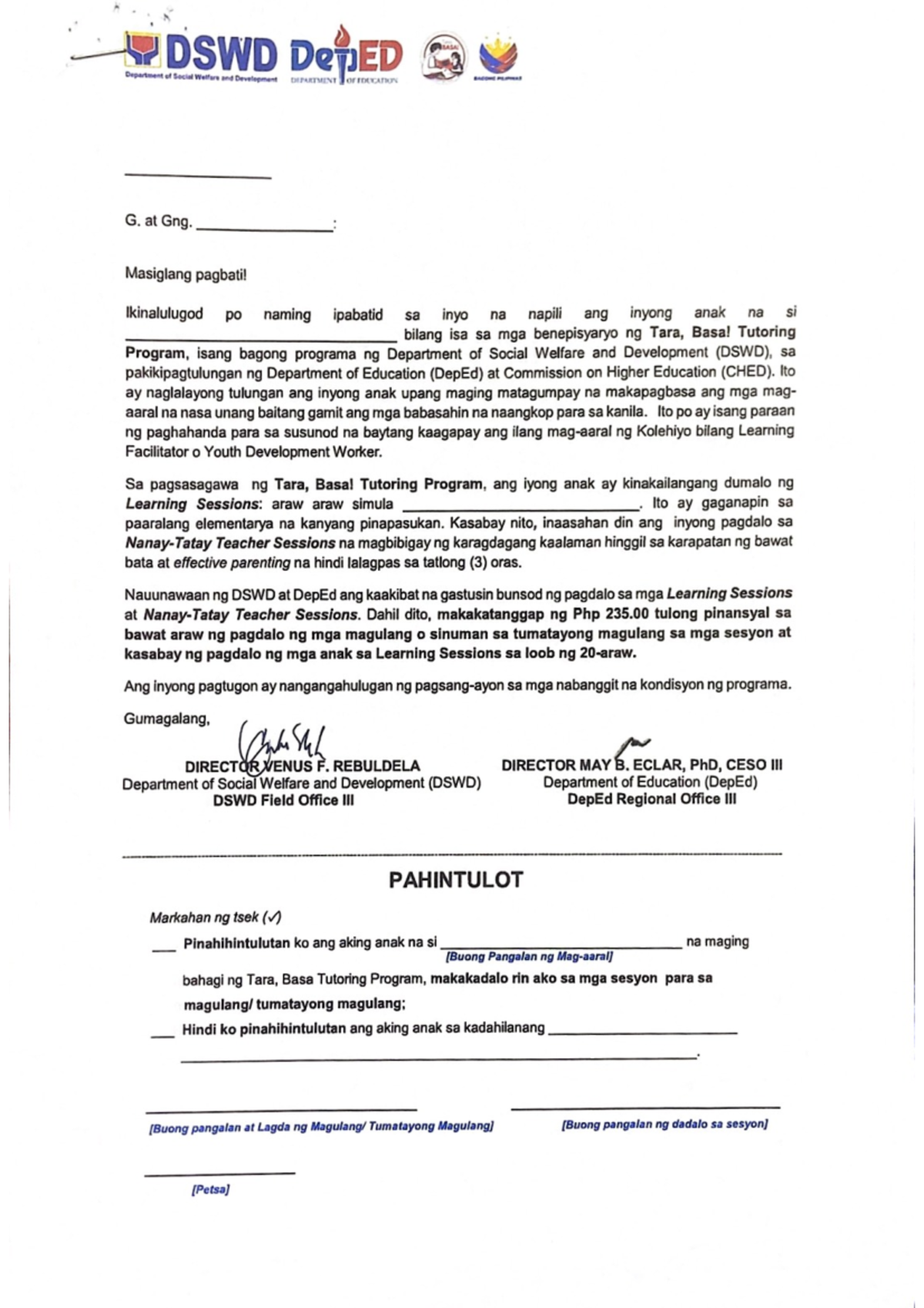 Form ng Pahintulot ng Magulang para sa Tara, Basa! Program - DSWD/DepEd ...