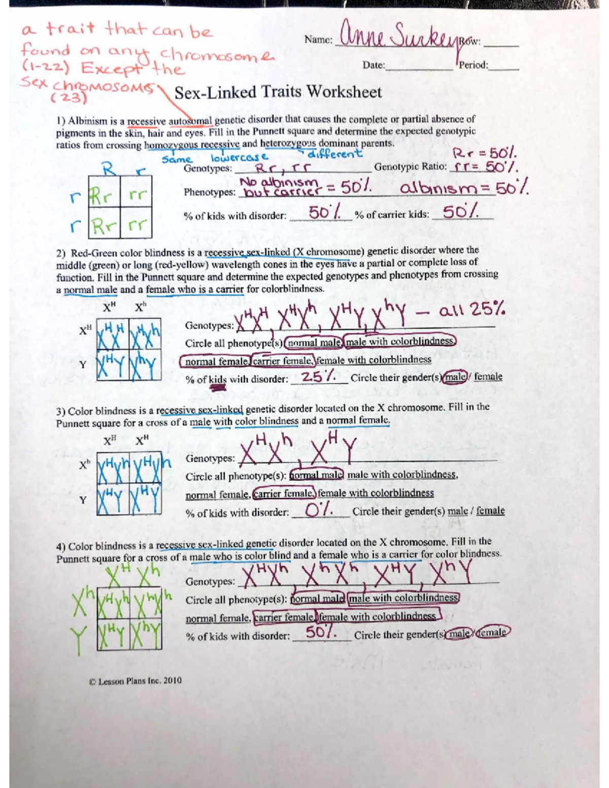 Sex-Linked Traits Worksheet Answer Key (Genetics 101) - Studocu