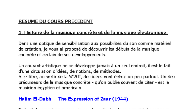 HISTOIRE DE LA MUSIQUE CONCRÈTE ET ÉLECTRONIQUE - Cours 1 - Studocu