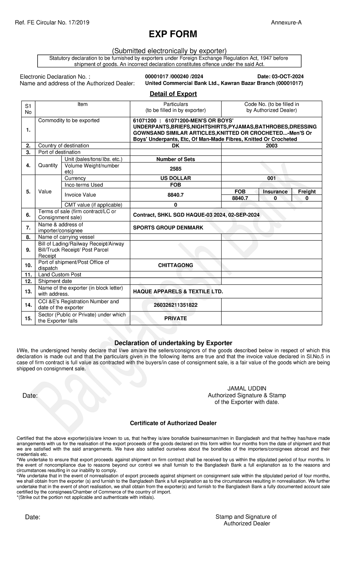 EXP-240 - Bangladesh Bank Export Form Declaration - Studocu