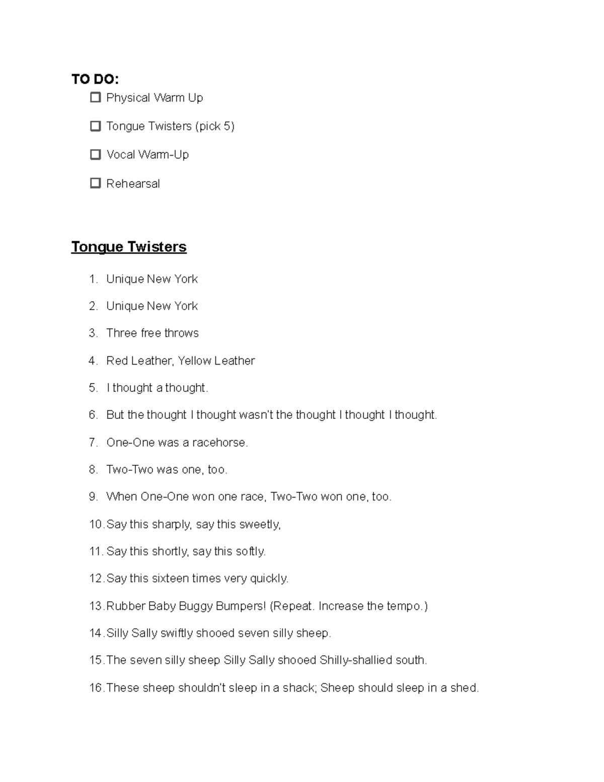 Tongue Twister Warm-Up - TO DO: Physical Warm Up Tongue Twisters (pick ...