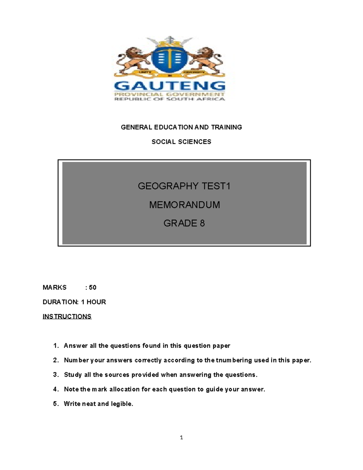 Grade 8 Social Sciences Geography Test Exemplar 1 Memo - Studocu