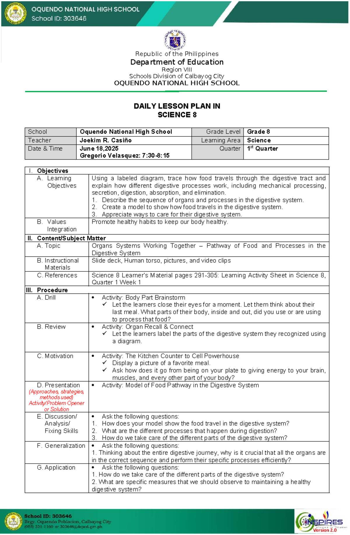 S8 Q1 W1 Daily Lesson Plan: Digestive System in Science 8 - Studocu