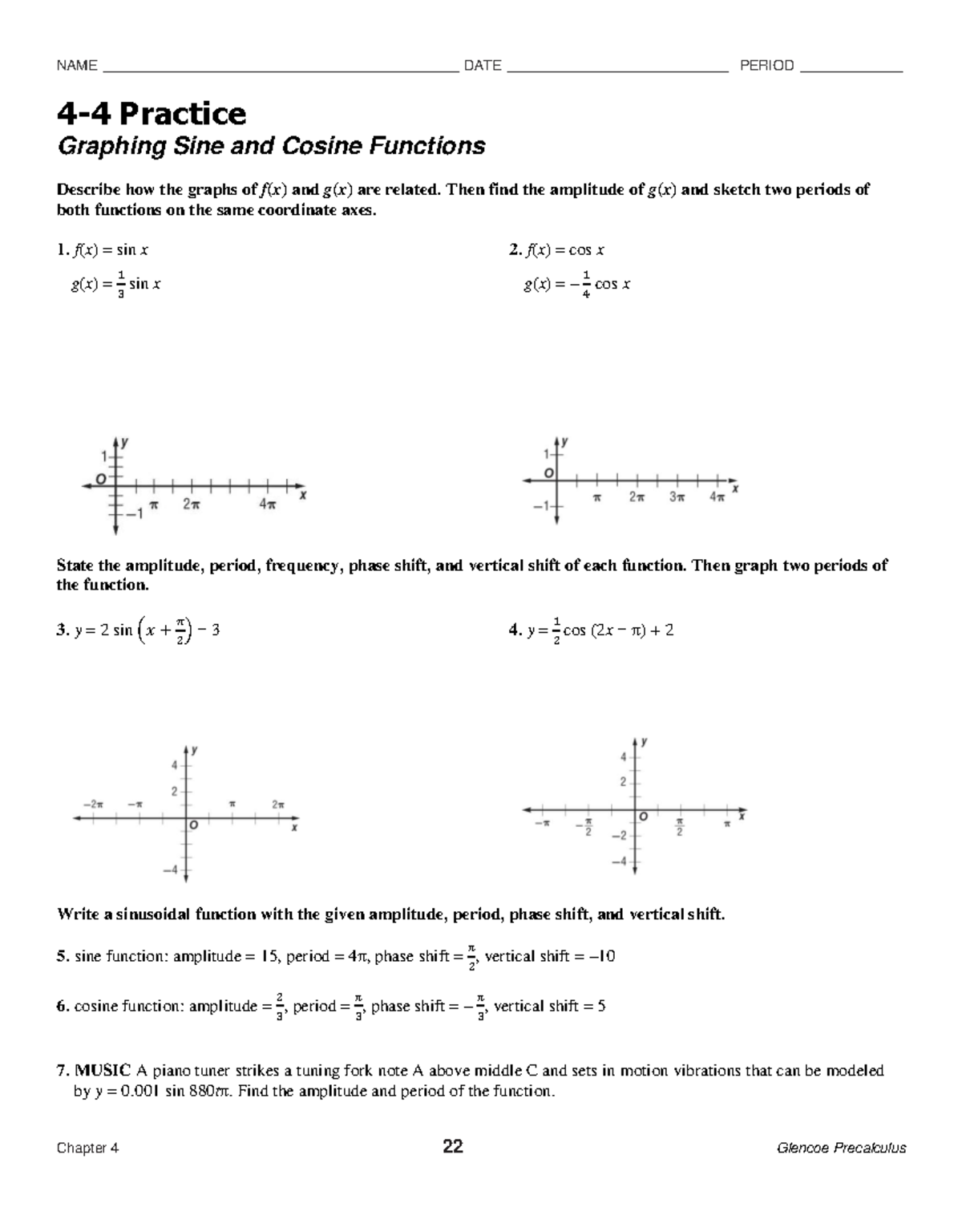 4-4 Practice Graphing Sine & Cosine Functions - Studocu