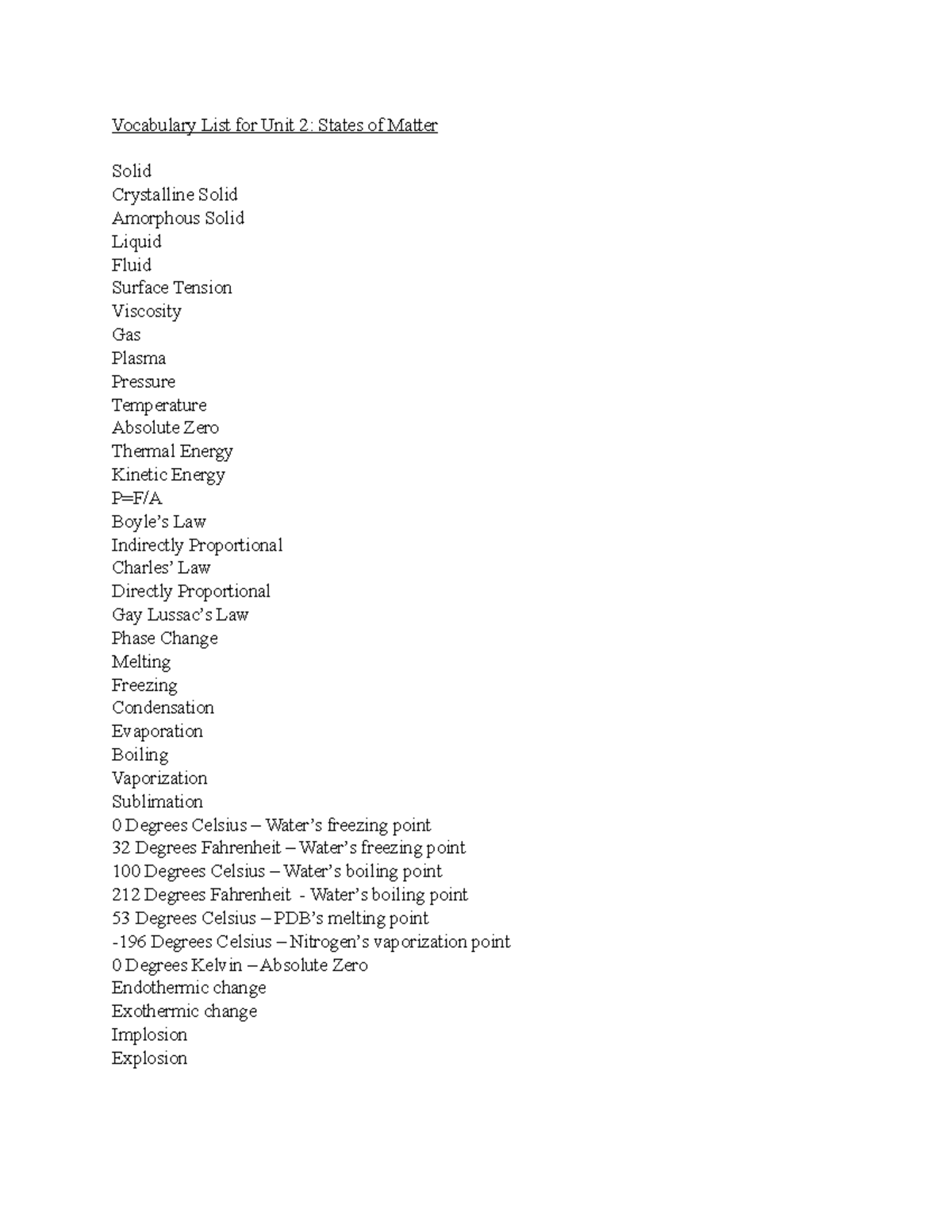 Unit 2 Vocabulary List: States of Matter Terms and Concepts ...