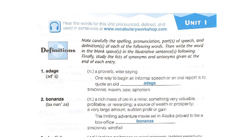 ADV SAT Vocab Unit 1: Definitions, Synonyms, and Sentences - Studocu