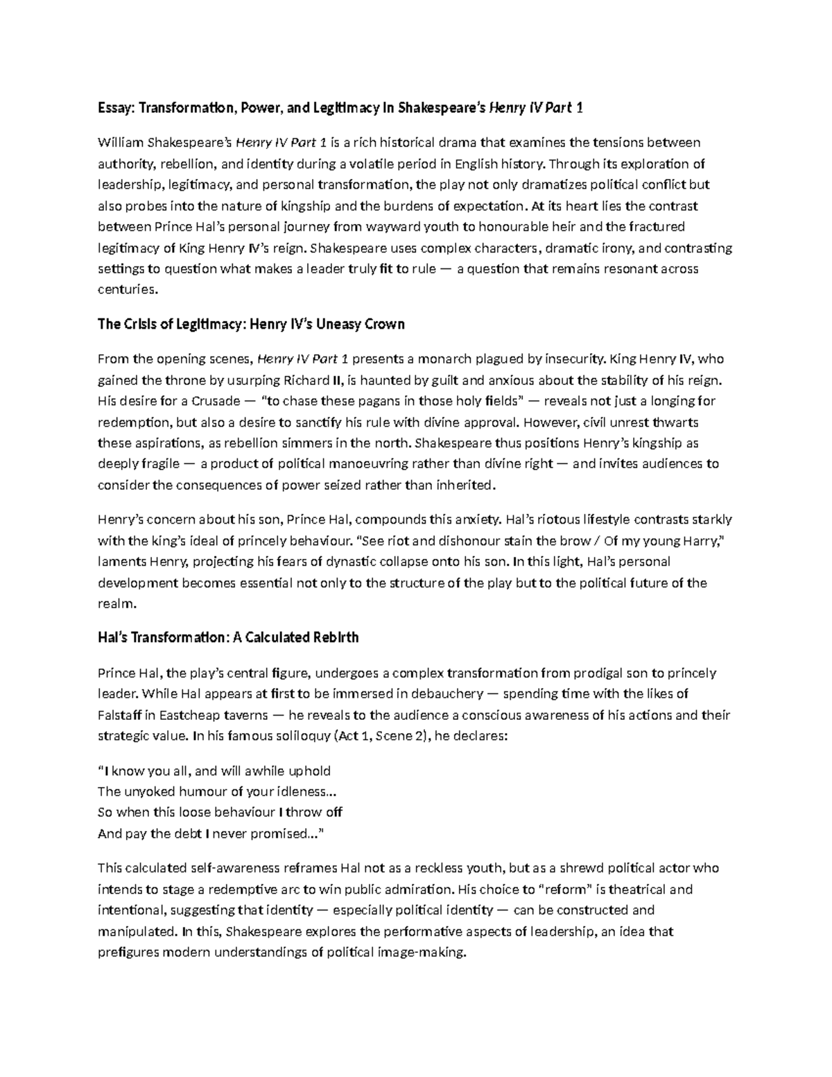 Henry IV Part 1 Essay: Transformation, Power, and Legitimacy Analysis ...