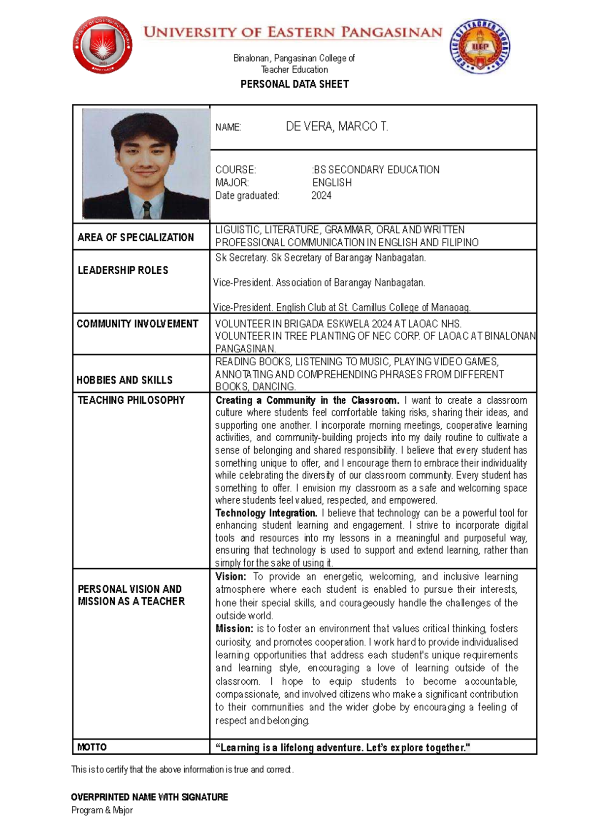 Personal Data Sheet: Marco T. De Vera - BS Secondary Education 2024 ...