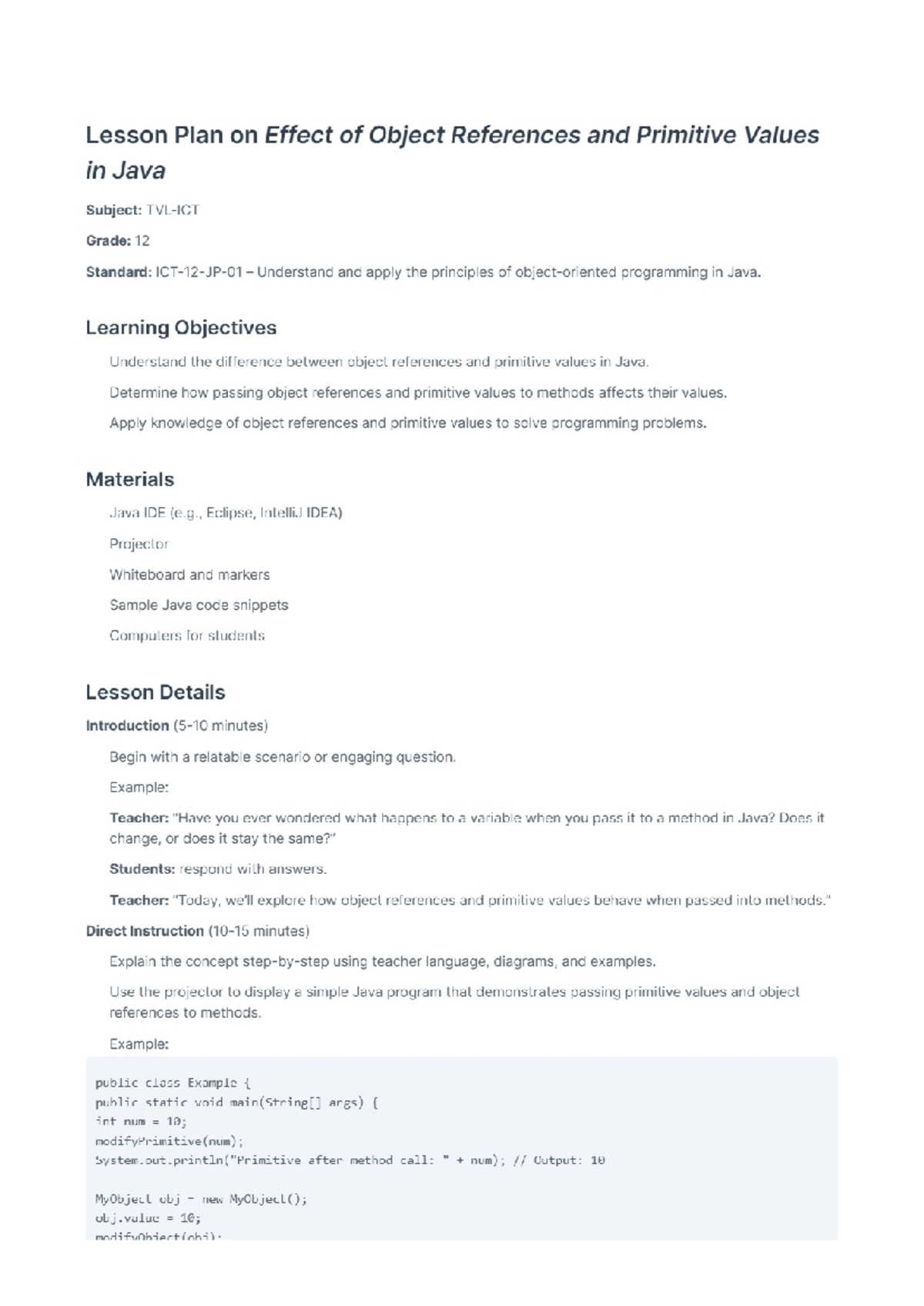 Lesson Plan TVL-ICT 12: Object References vs. Primitive Values in Java ...