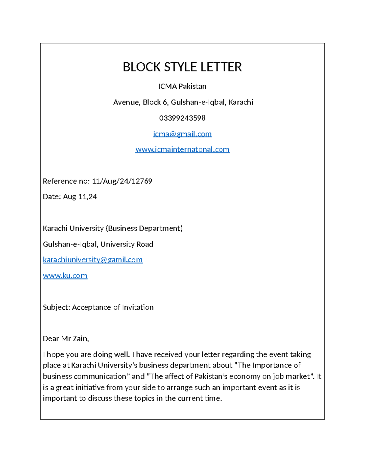 Business Communication Letters: Block & Indented Styles Guide - Studocu