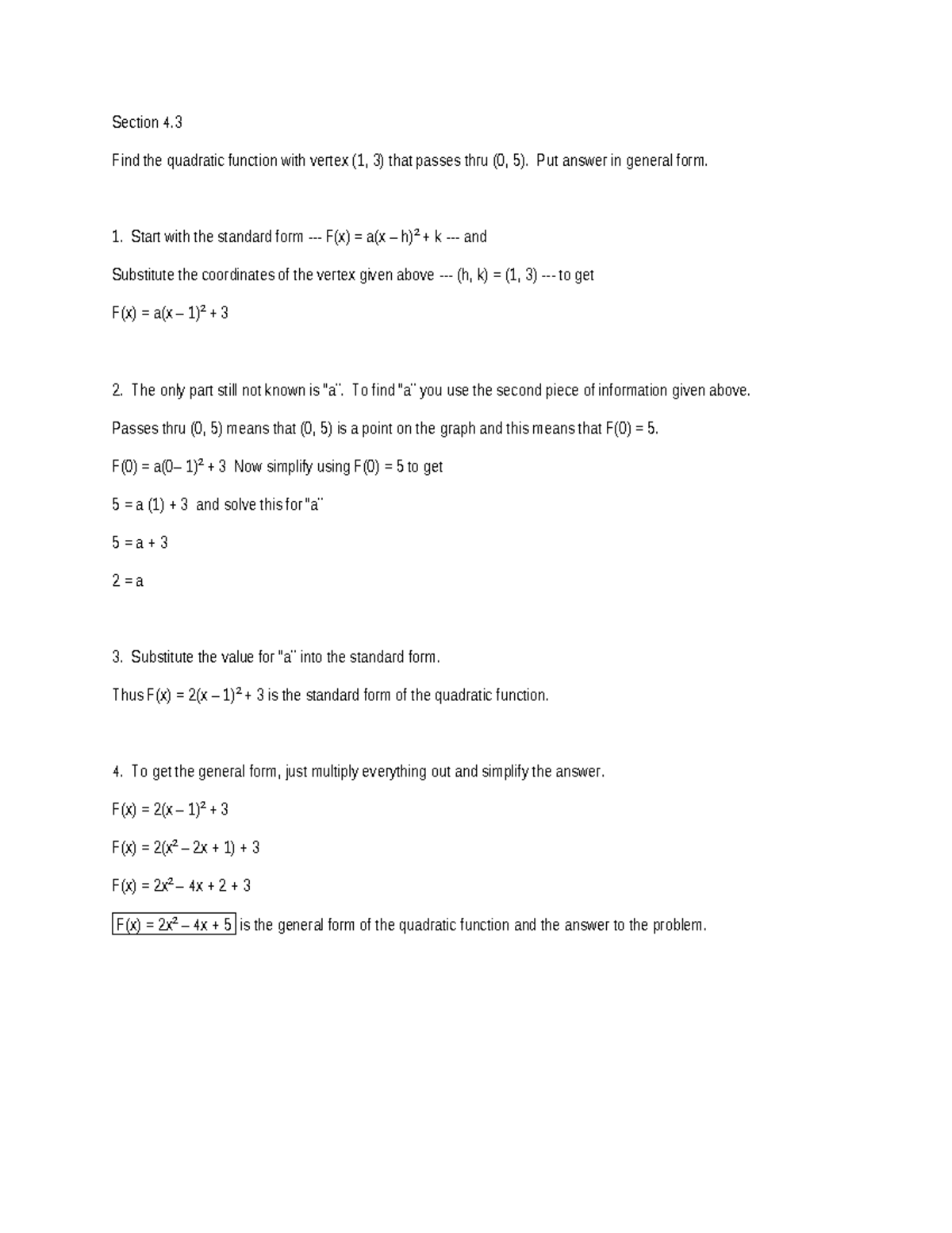 Finding the Quadratic Function with Vertex (1, 3) and Point (0, 5 ...