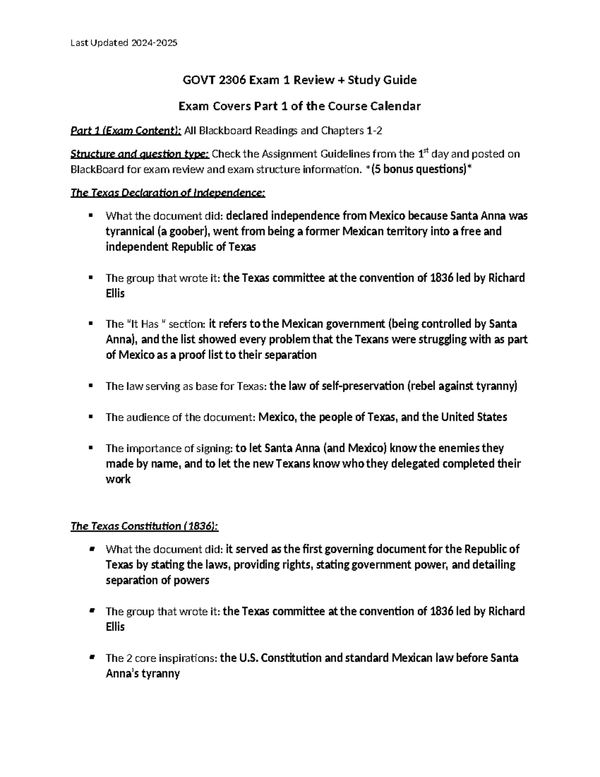 GOVT 2306 Exam 1 Review: Key Concepts & Texas Historical Docs - Studocu