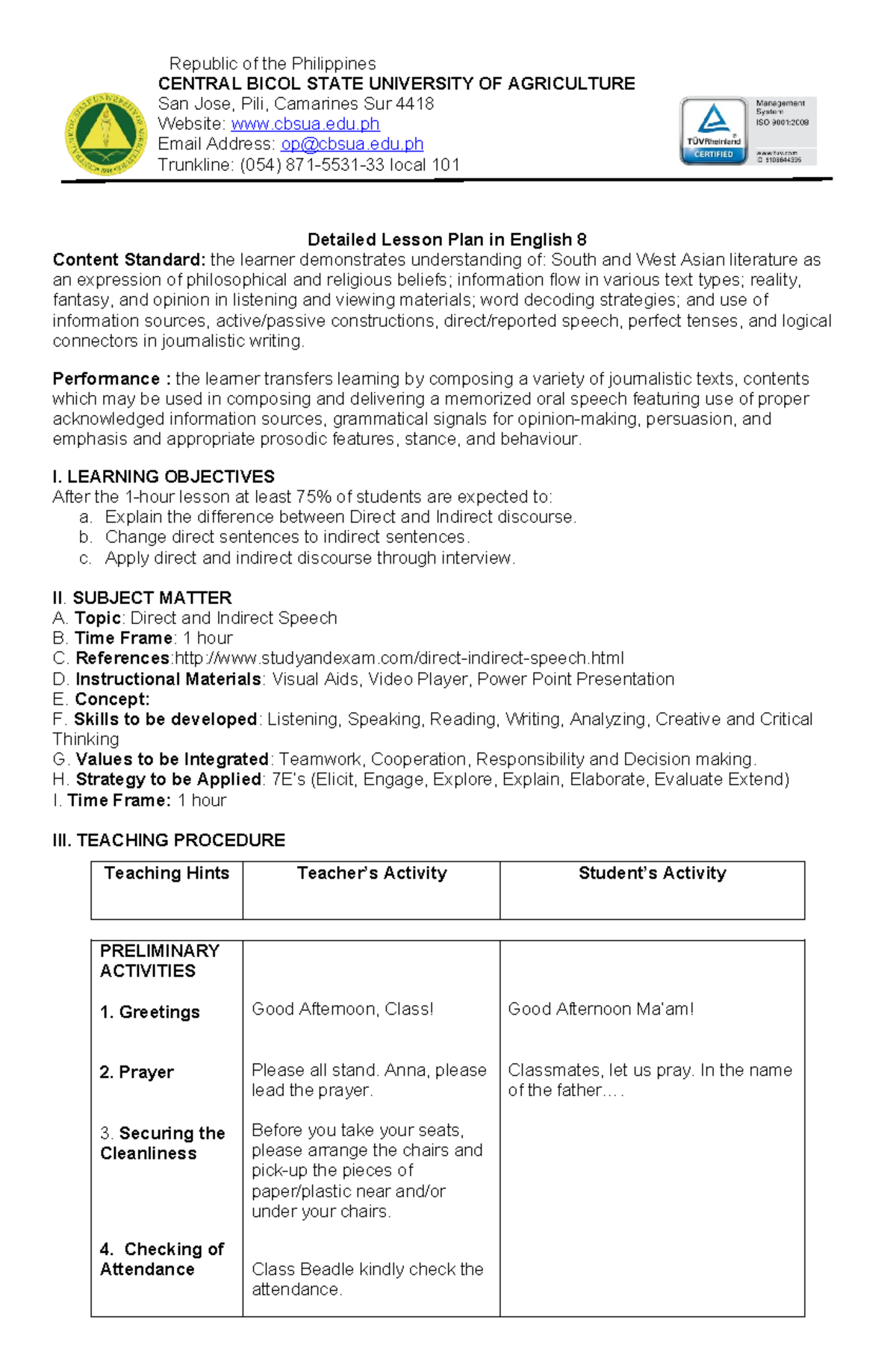 Direct and Indirect Speech Lesson Plan (English 8) - Studocu