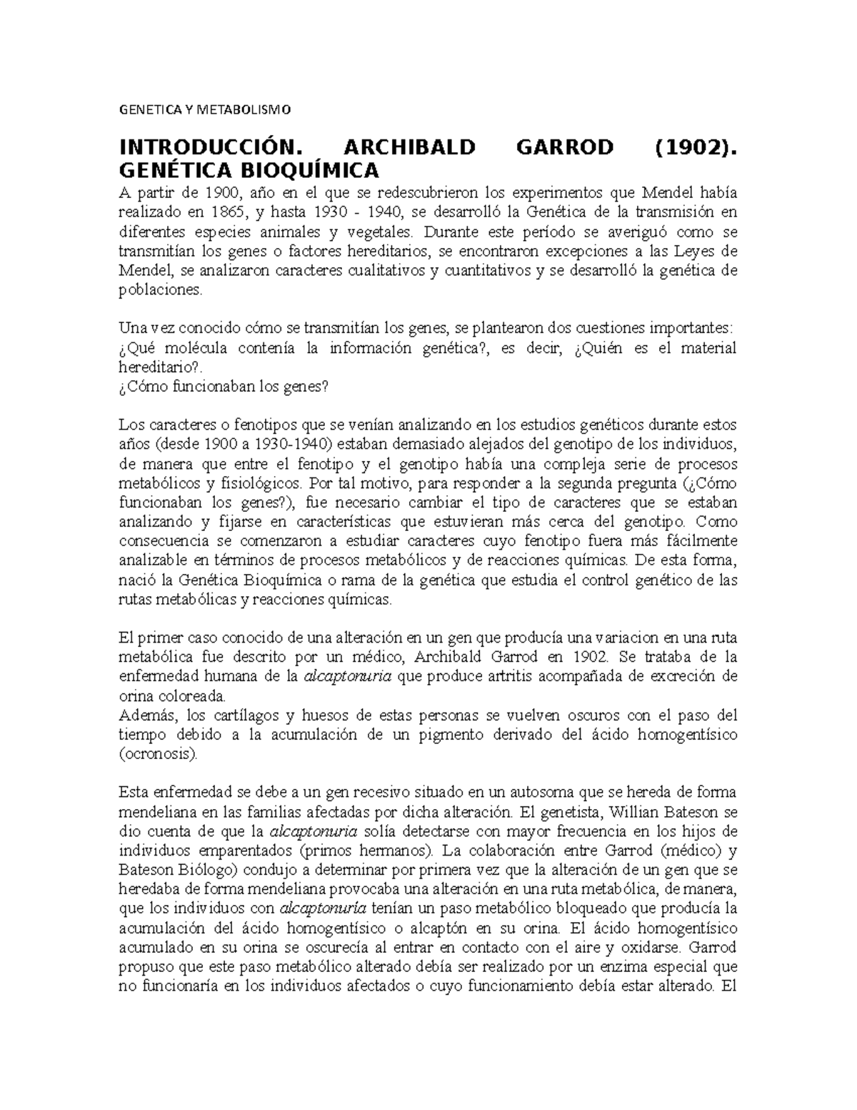 Genética Bioquímica y Metabolismo: Archibald Garrod (1902) - Studocu