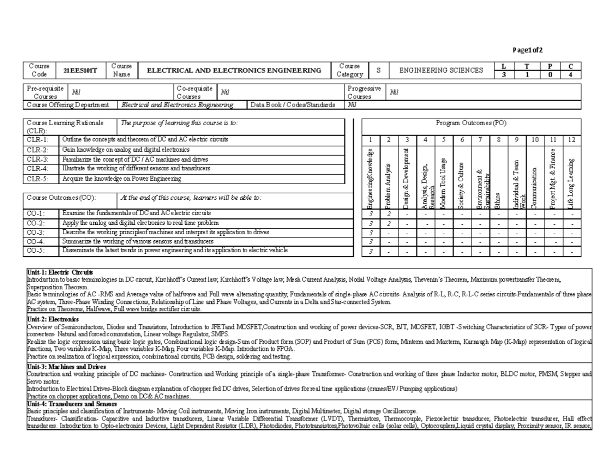 21ees101t Eee Syllabus Electric Circuits Electronics Overview Studocu