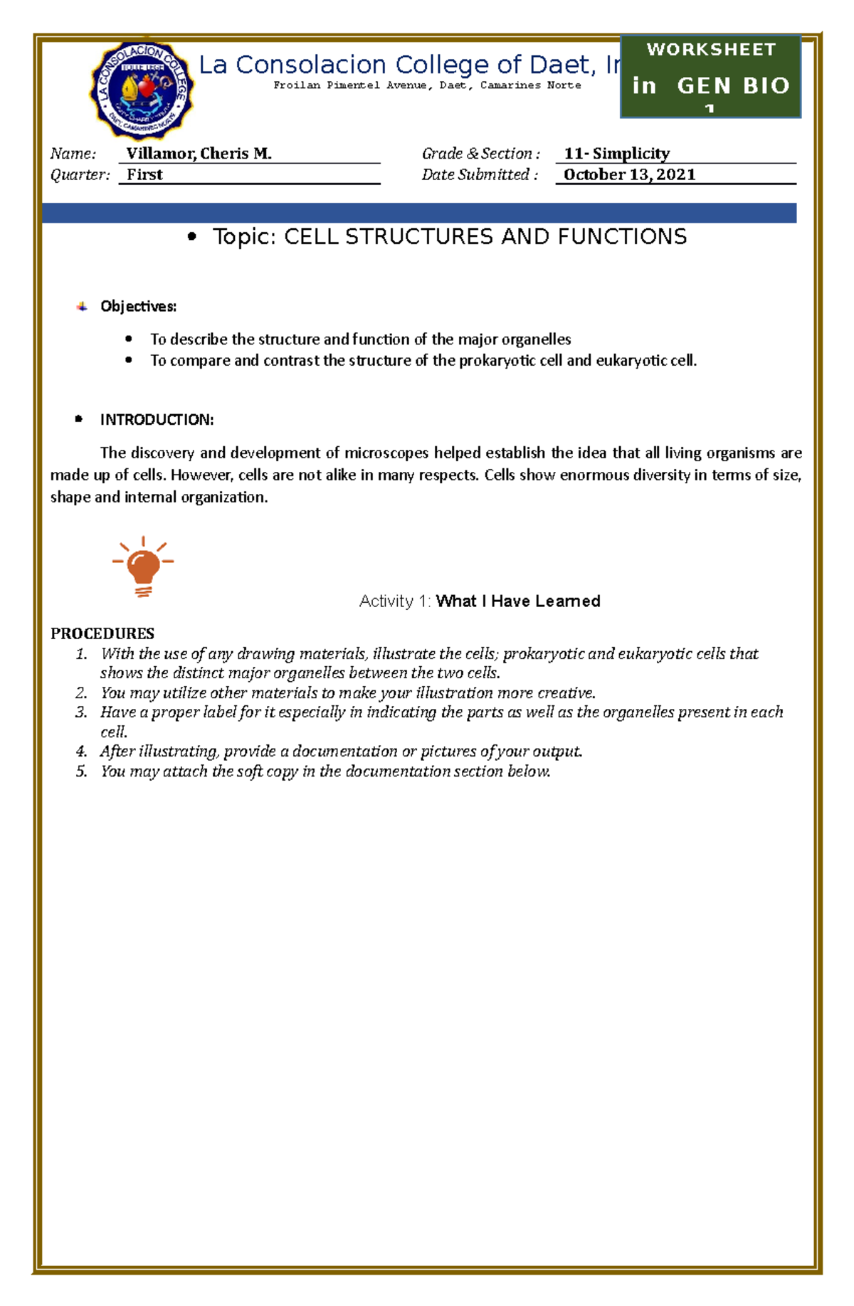 Laboratory Worksheet 2 - Cell Structures & Functions in GEN BIO 11 ...