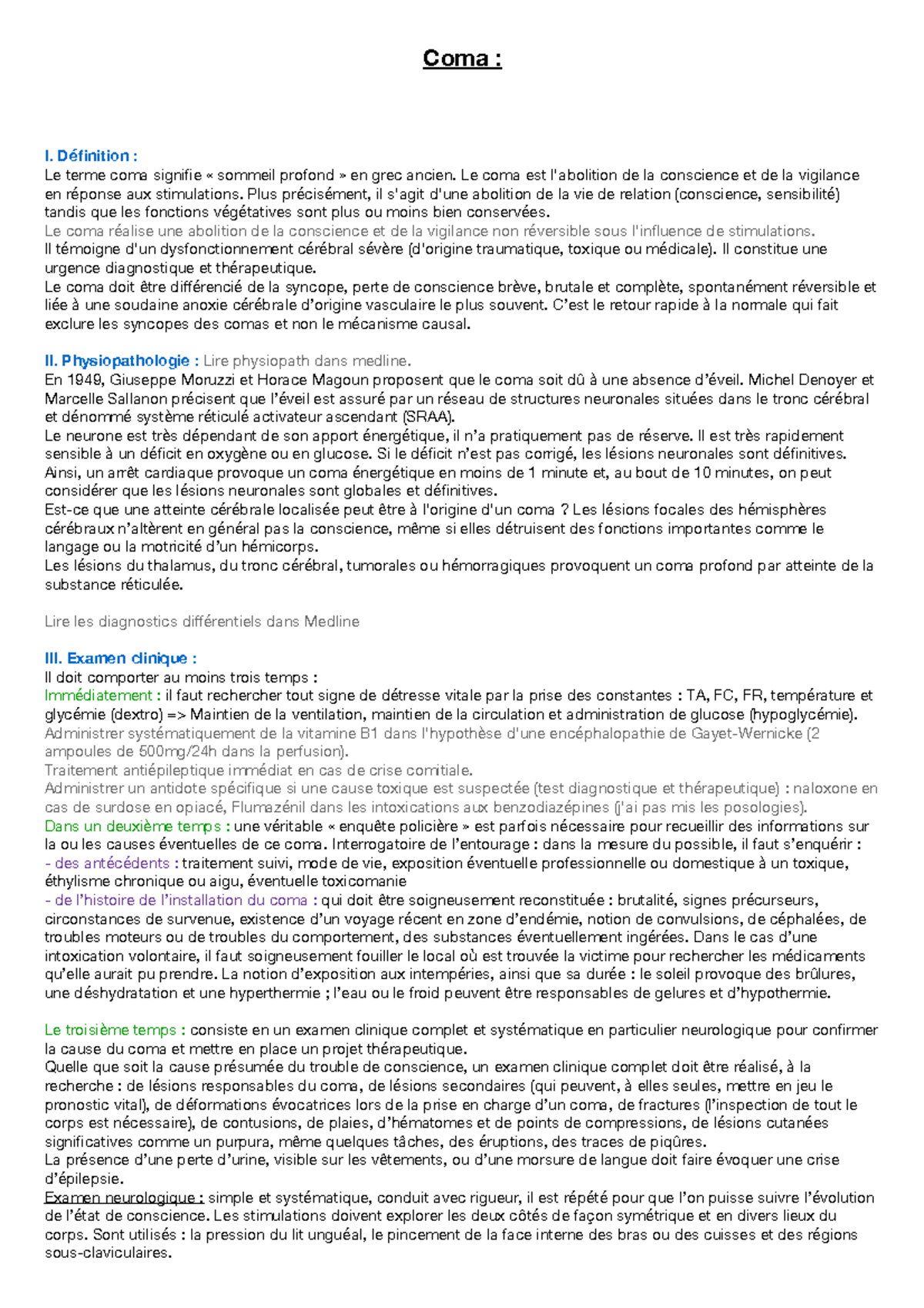 Notes de Cours sur le Coma : Définition, Physiopathologie et Examen ...