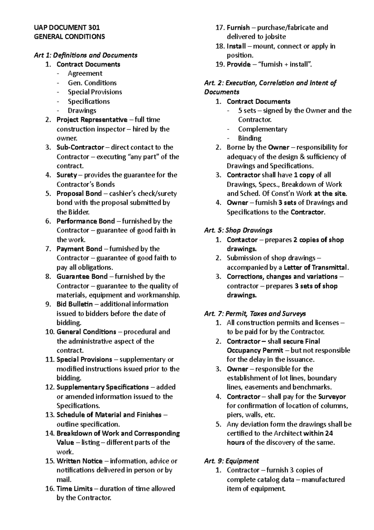 UAP 301 General Conditions: Definitions, Documents, and Execution ...