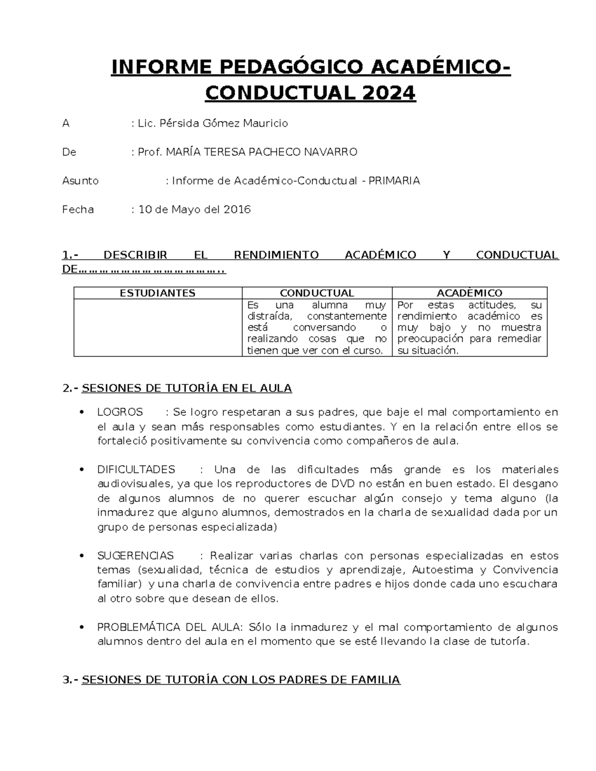 Informe Académico-Conductual 2024: Primaria y Tutorías - Studocu