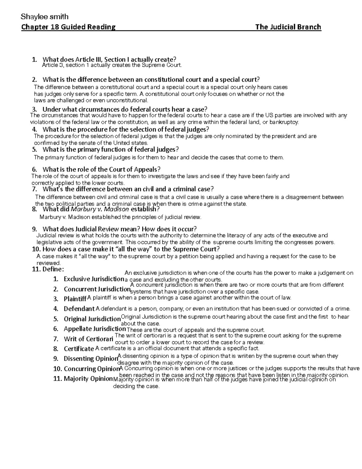 11.1 Chapter 18 Guided Reading: The Judicial Branch Explained - Studocu