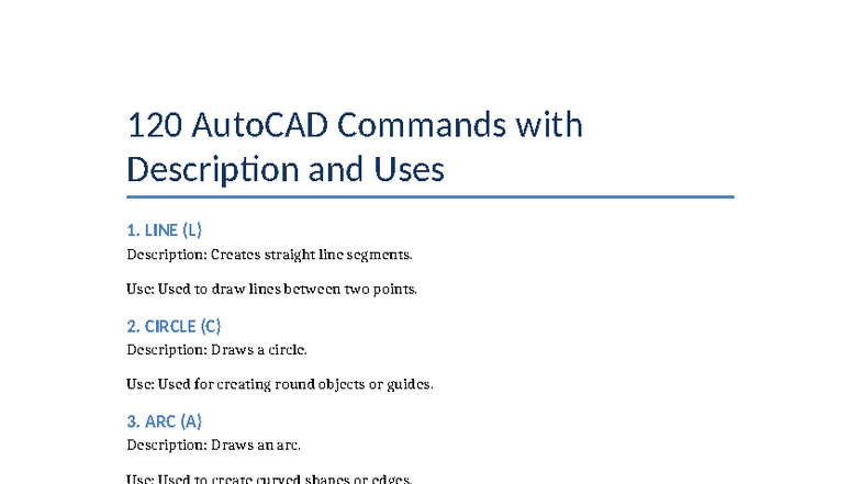 AutoCAD 120 Essential Commands: Descriptions & Uses - Studocu