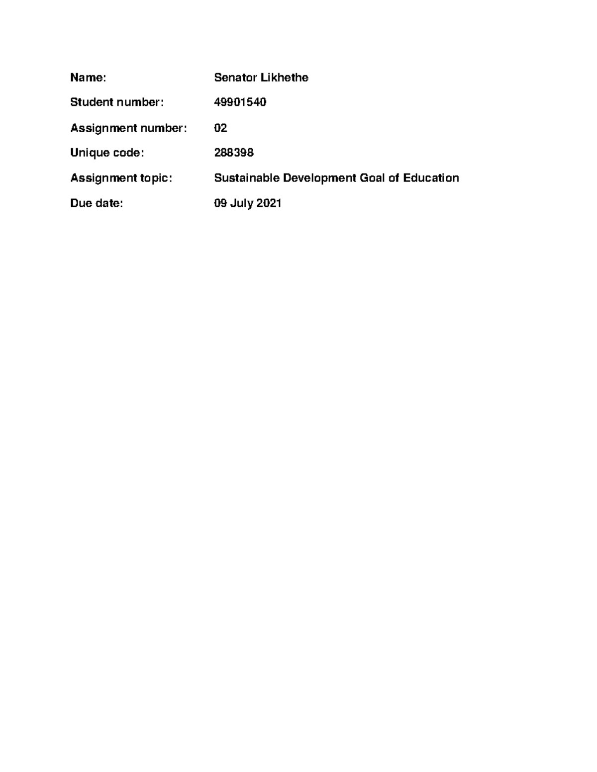 DVA1502 - 2021 Exam: Addressing the Sustainable Development Goal of ...