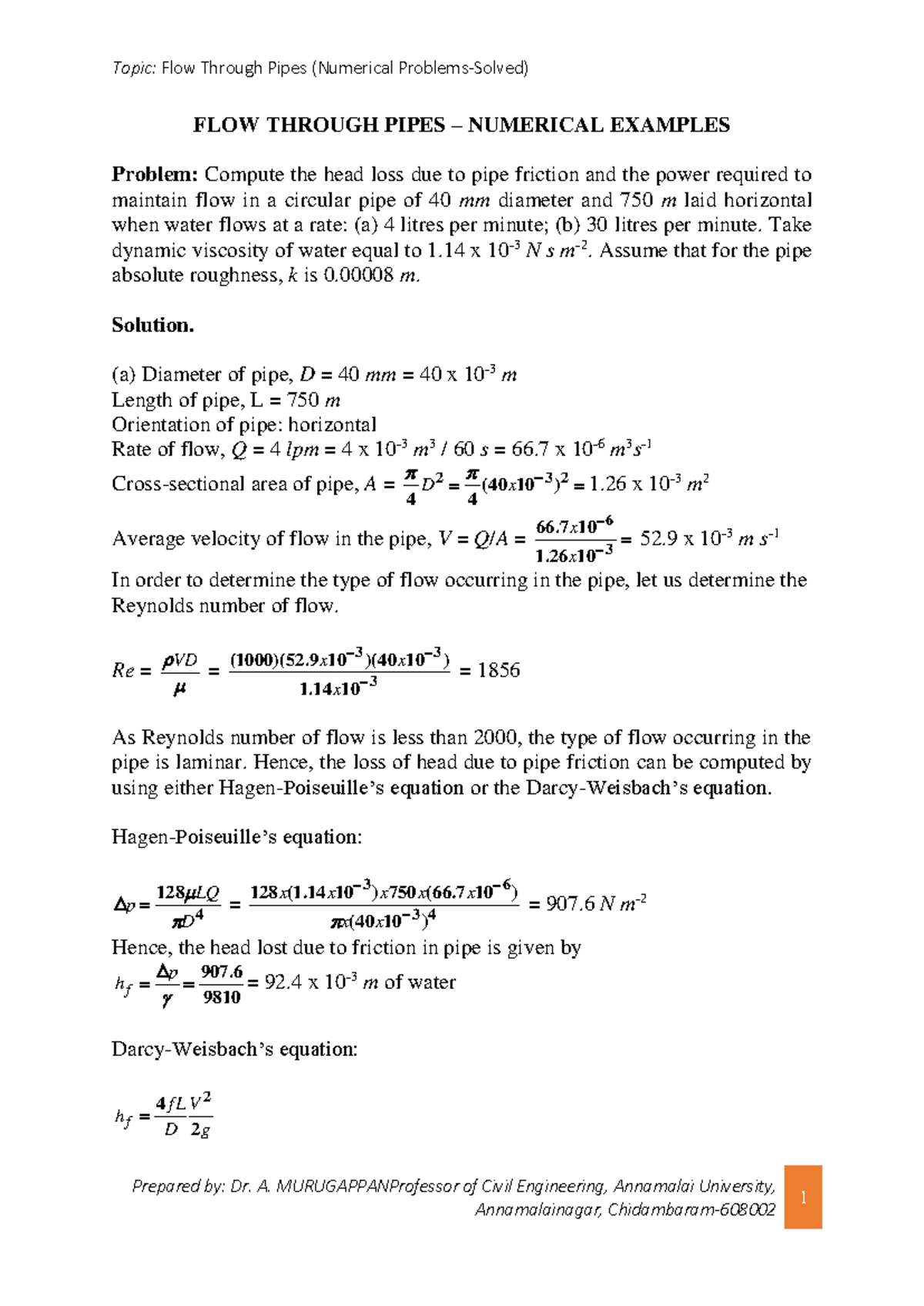 Numerical Problems in Flow Through Pipes - CE 301 Solutions - Studocu