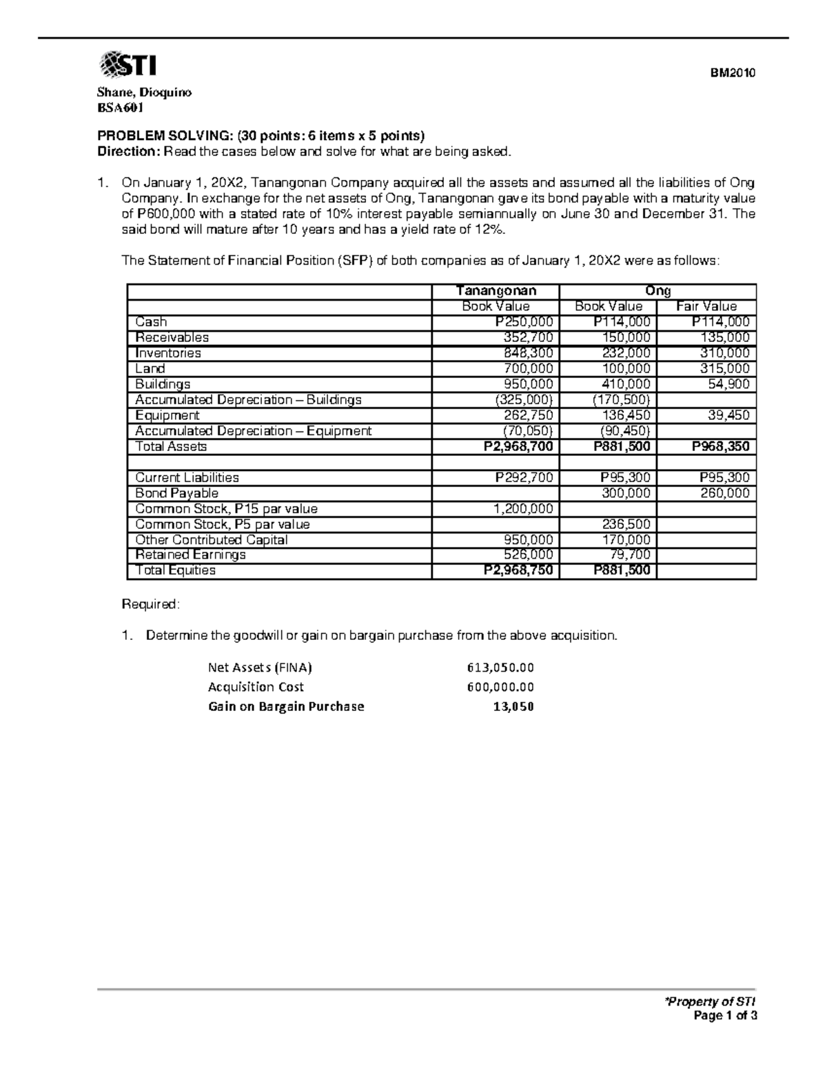 2 Tp 1 Tanangonan Task Performance On Company Acquisition Analysis