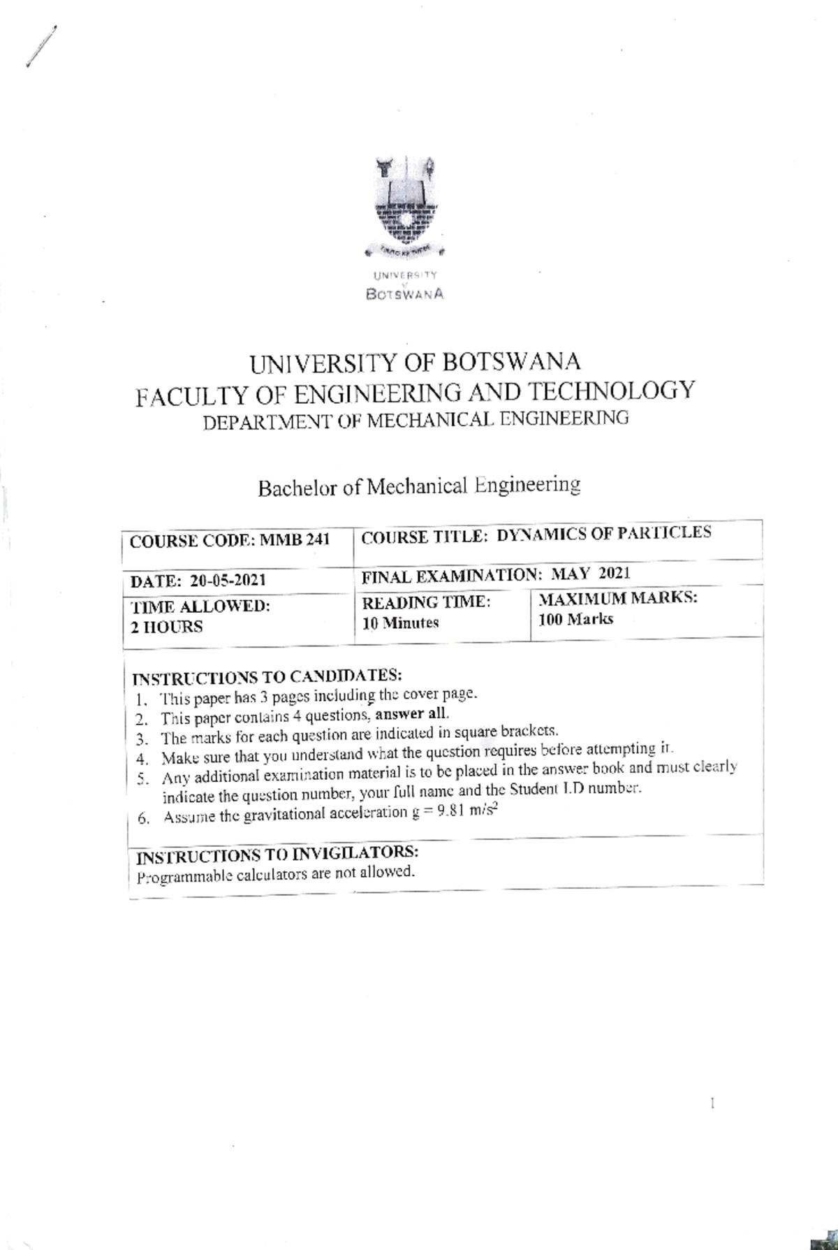 MMB241 Final Exam 2021: Dynamics of Particles Questions & Instructions ...