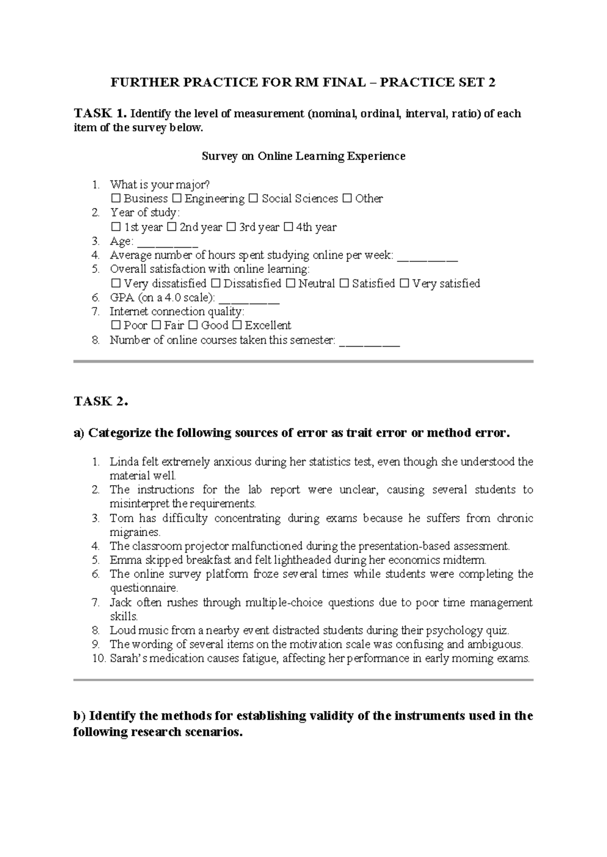 Further Practice for RM Final Exam: Measurement & Data Analysis Tasks ...