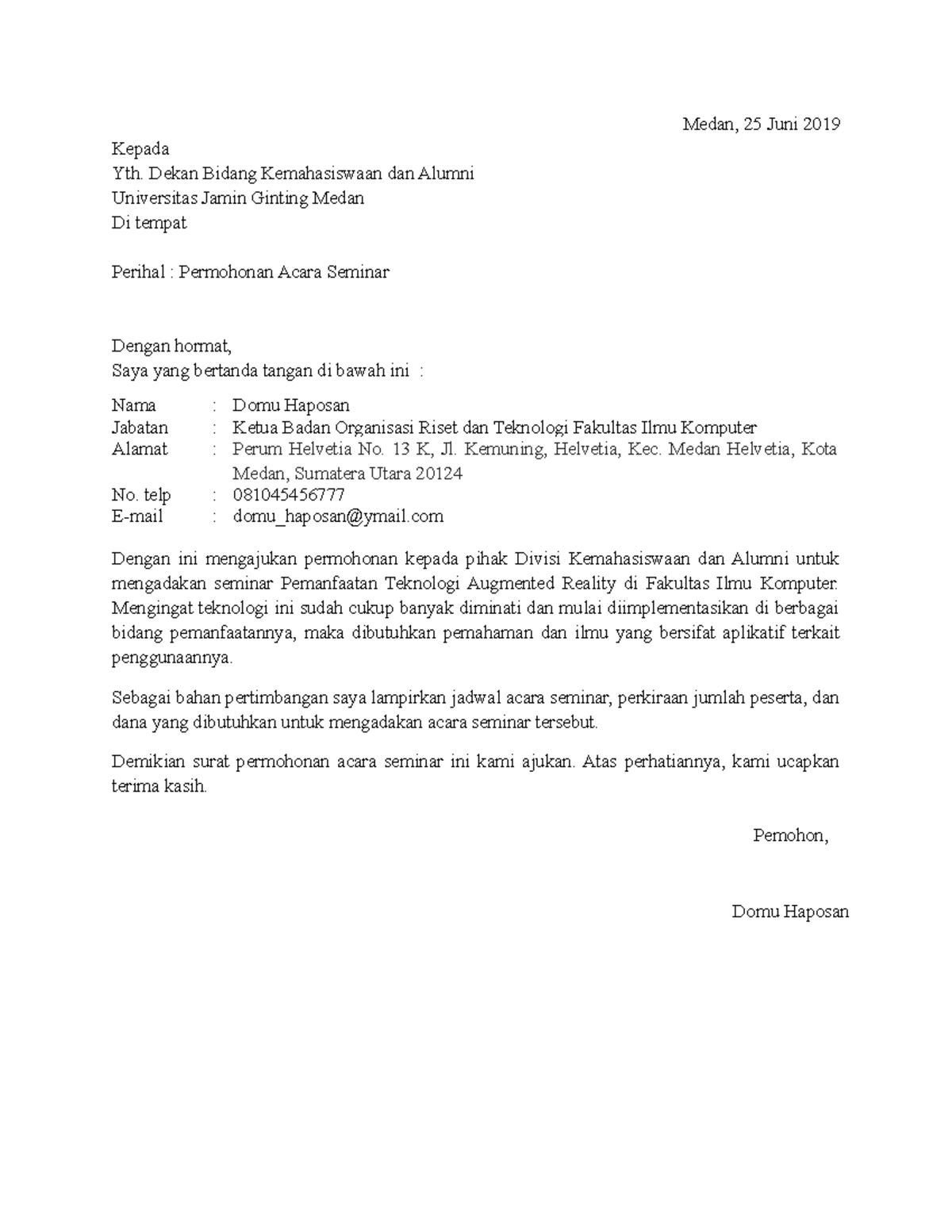 Surat Permohonan Acara Seminar Teknologi AR 2023 - Studocu