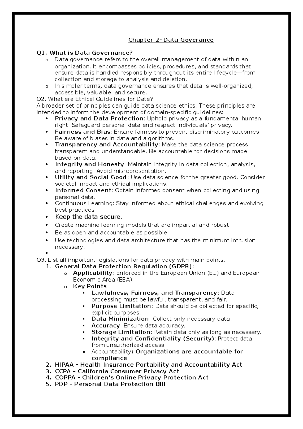 Ch-1 Data Governance Notes: Key Concepts & Ethical Guidelines - Studocu