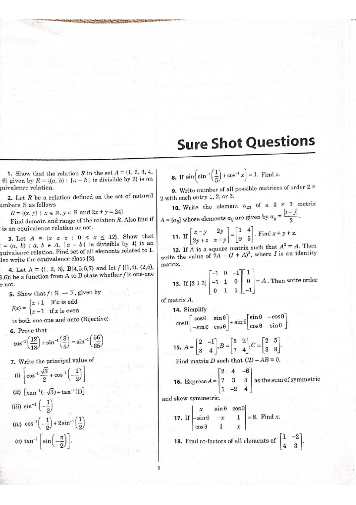 Sure Shot Questions - XII Maths (CBSE) - Studocu