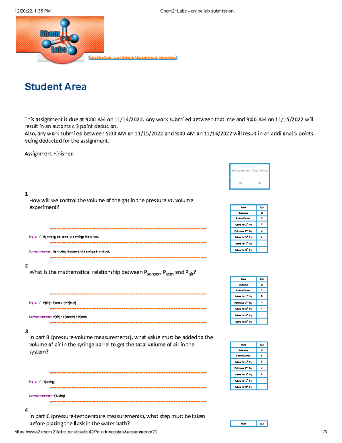 Experiment 12 Pre-Lab Quiz (Chem 21) - Pressure & Volume Analysis - Studocu
