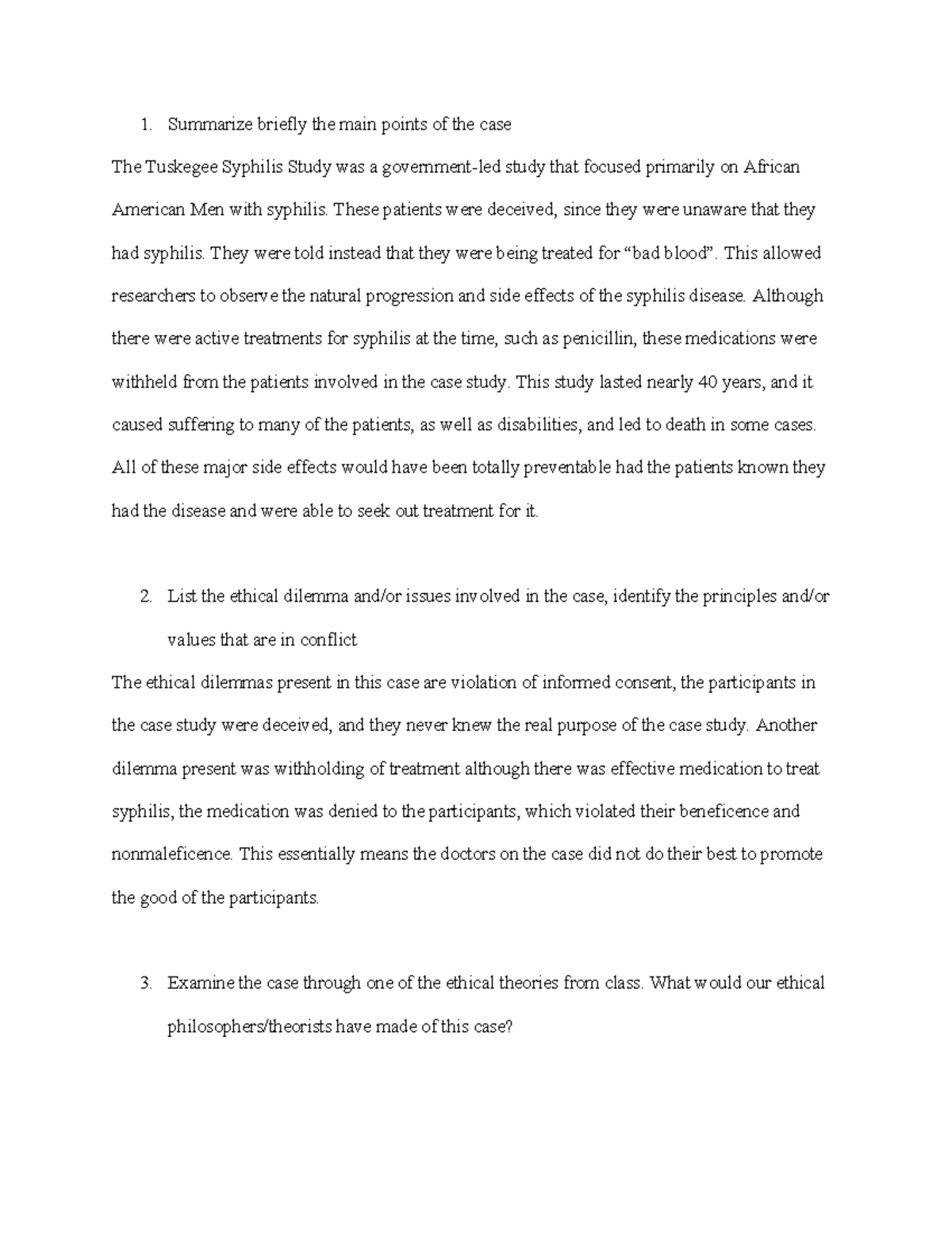 Tuskegee Case Study Analysis - HHS 353 Ethics Overview - Studocu