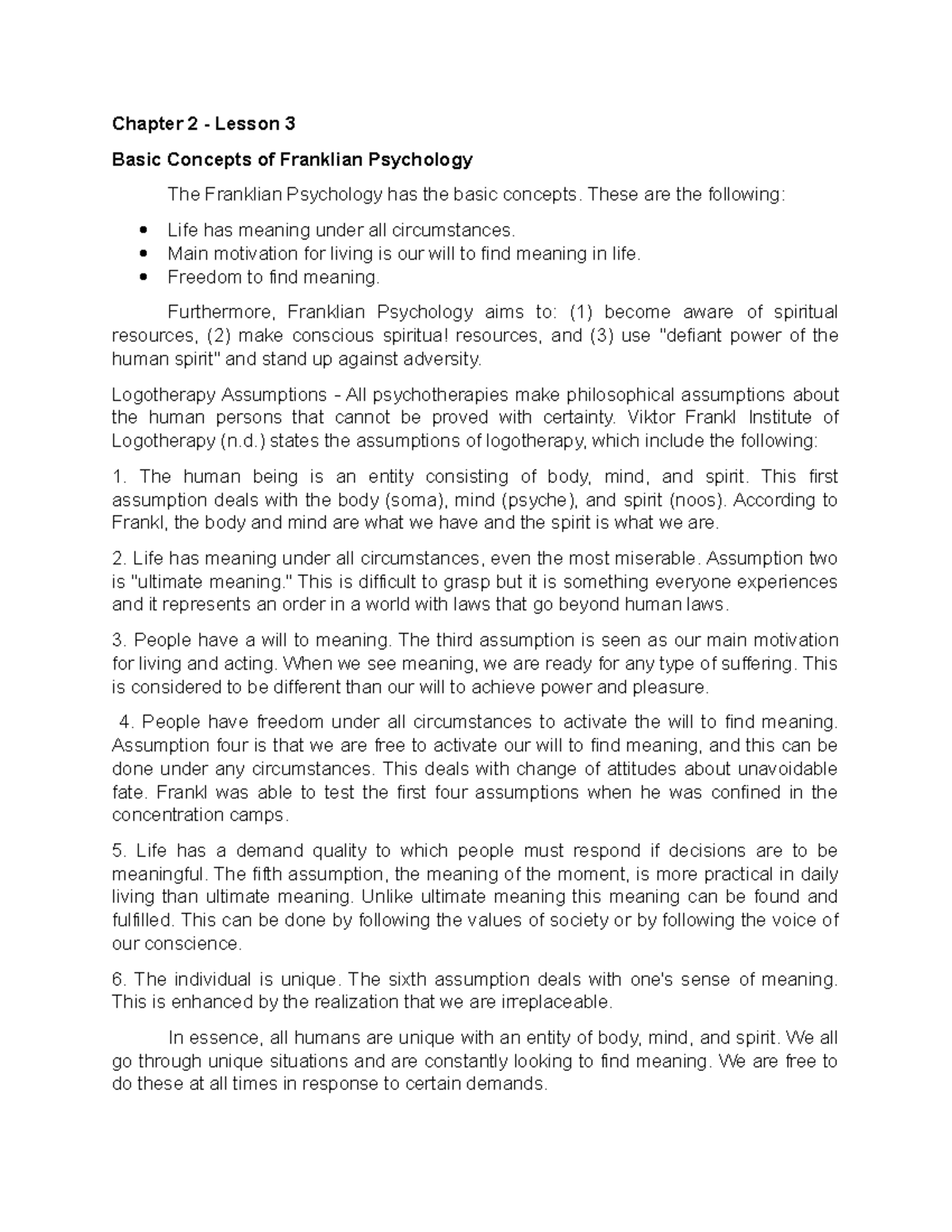 Franklian Psychology: Key Concepts and Logotherapy Assumptions - Studocu