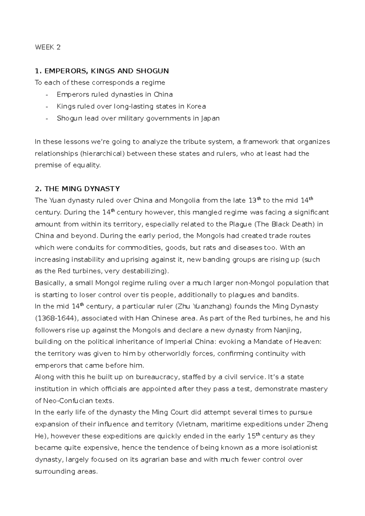 ASIA 101 - Week 2 Lecture Notes on Emperors and the Ming Dynasty - Studocu