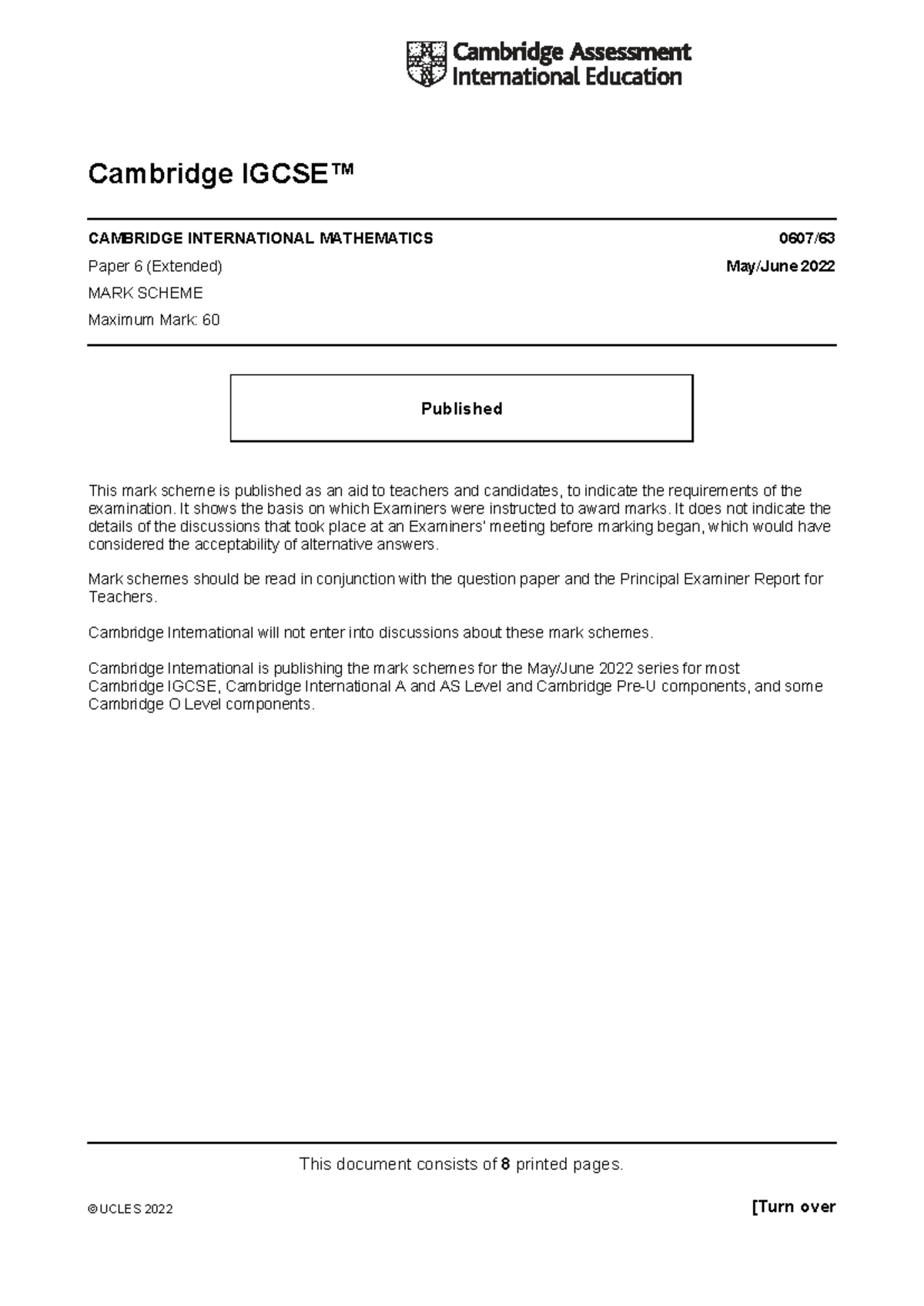 Cambridge IGCSE 0607 Mathematics Paper 6 (Extended) 2022 Mark Scheme ...