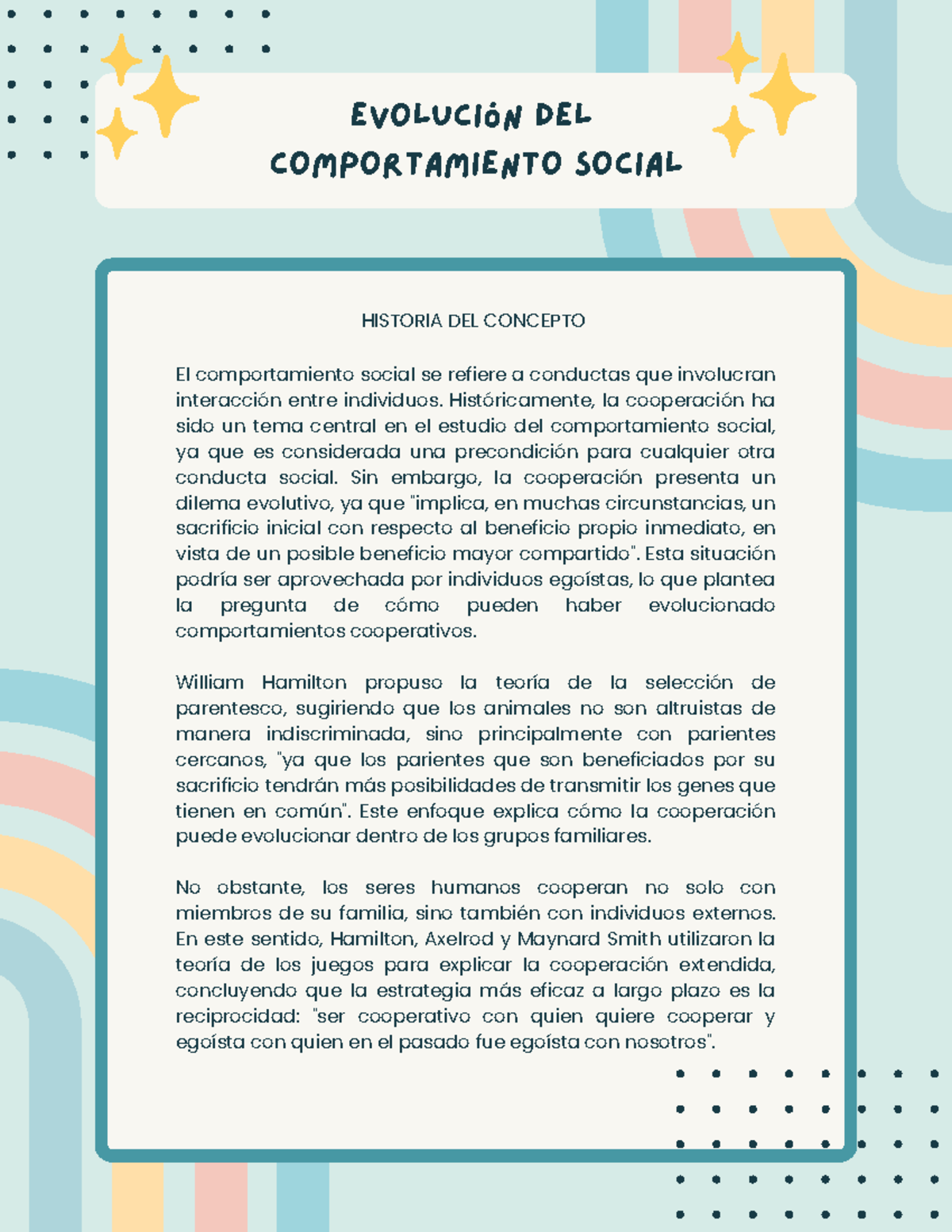Evolución del Comportamiento Social: Teoría y Cooperación 2024 - Studocu