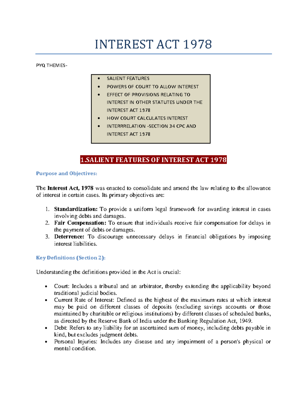 INTEREST ACT 1978 PYQ: SALIENT FEATURES & COURT POWERS - Studocu