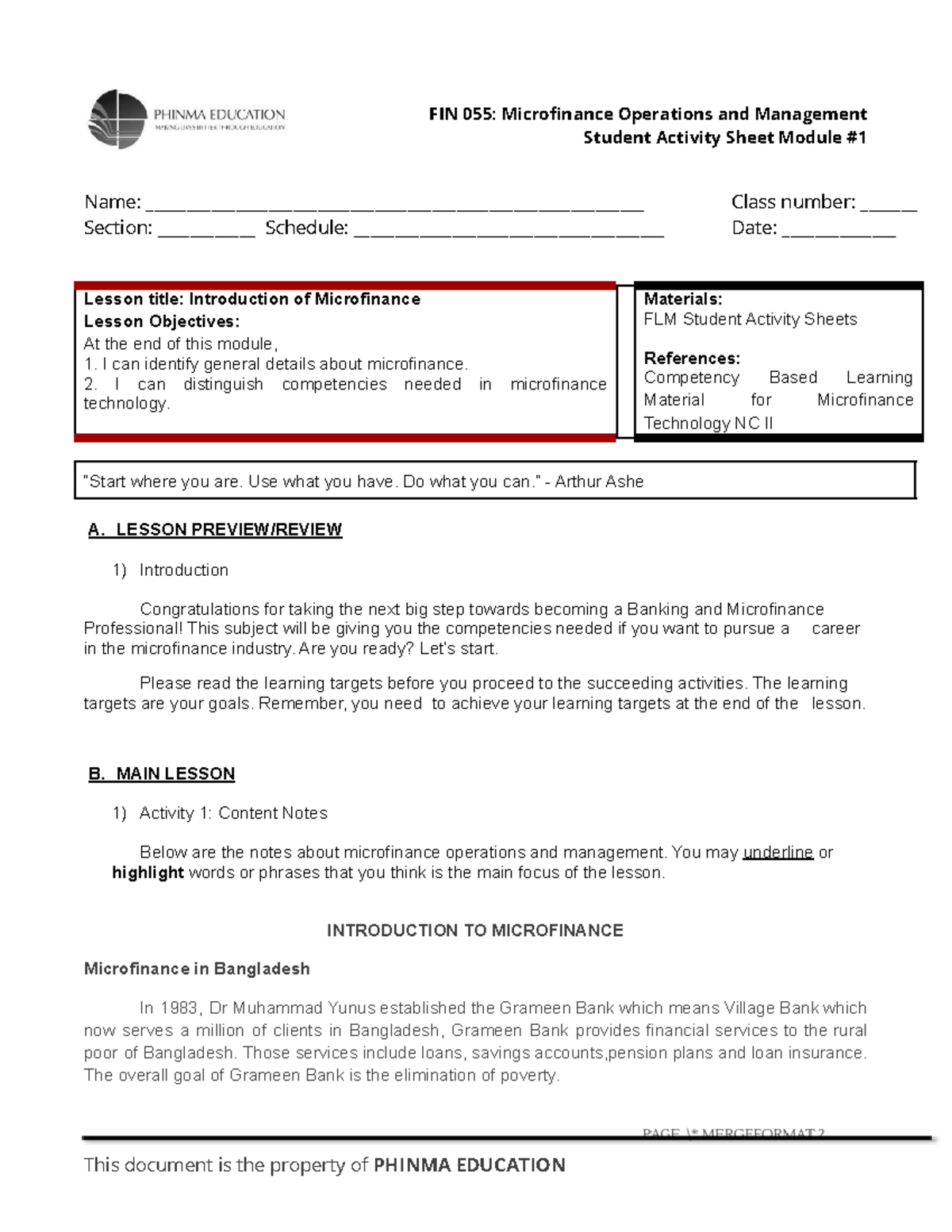SAS1-FIN-055 - .... - Student Activity Sheet Module Name: - Studocu